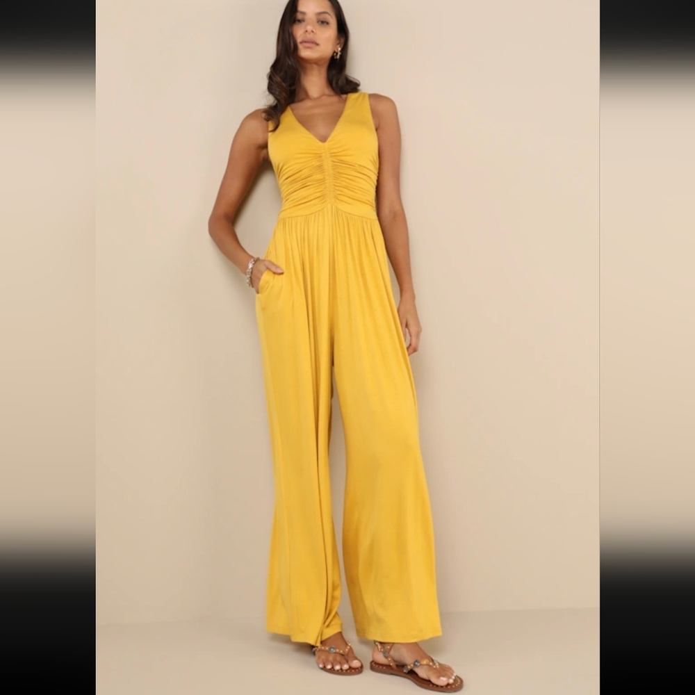 Lulus Mustard Yellow Ruched Cutout Jumpsuit - Gem